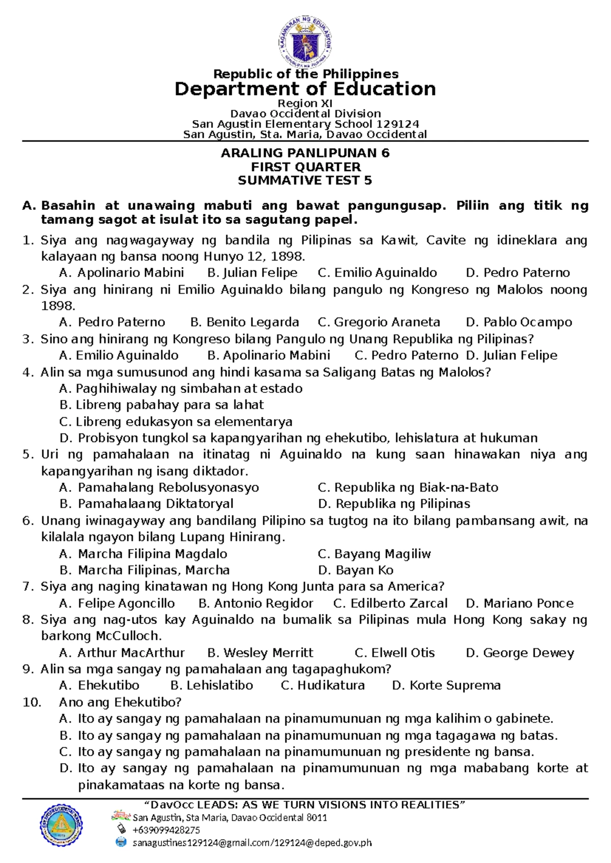 AP 6 Q1 ST 1 - Araling Panlipunan Summative Test Questions - Studocu