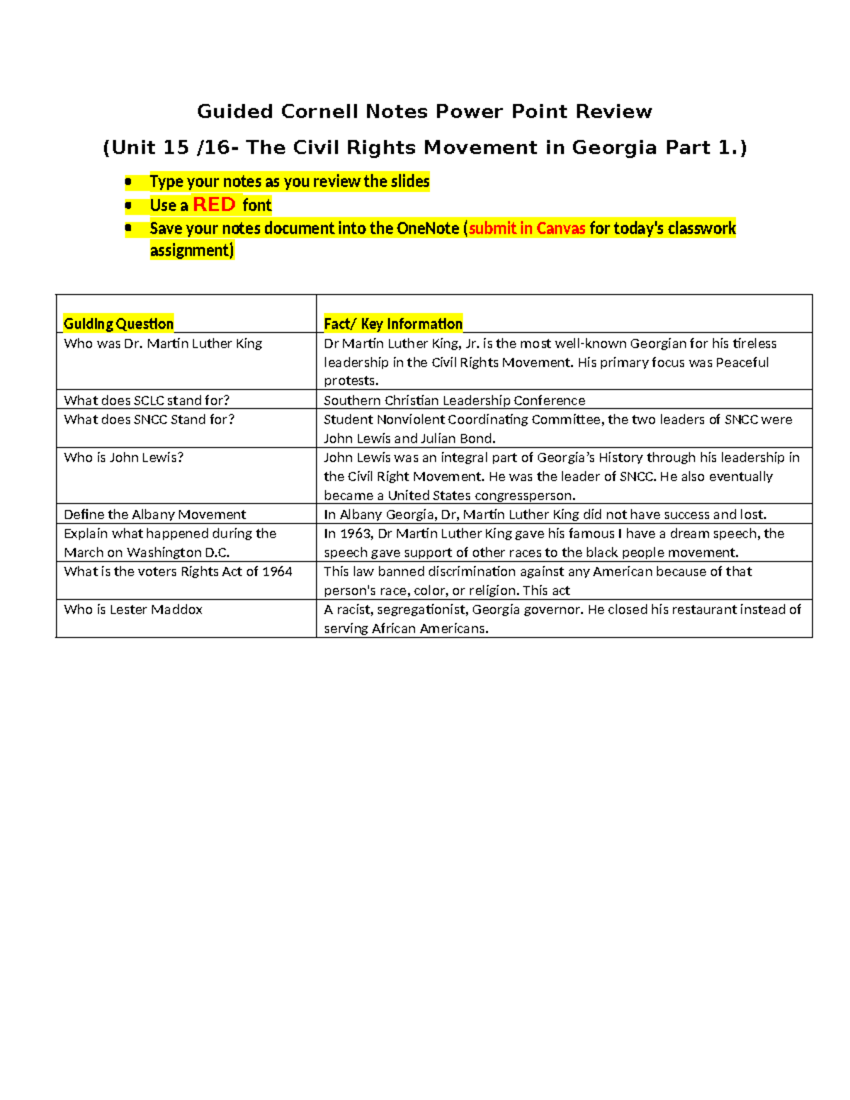Guided Cornell Notes Power Point Revised Review (Unit 15 & 16 - The ...