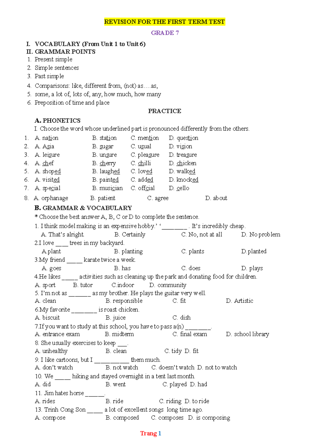 Grade 7 Term 1 Test Revision: Vocabulary & Grammar Review - Studocu