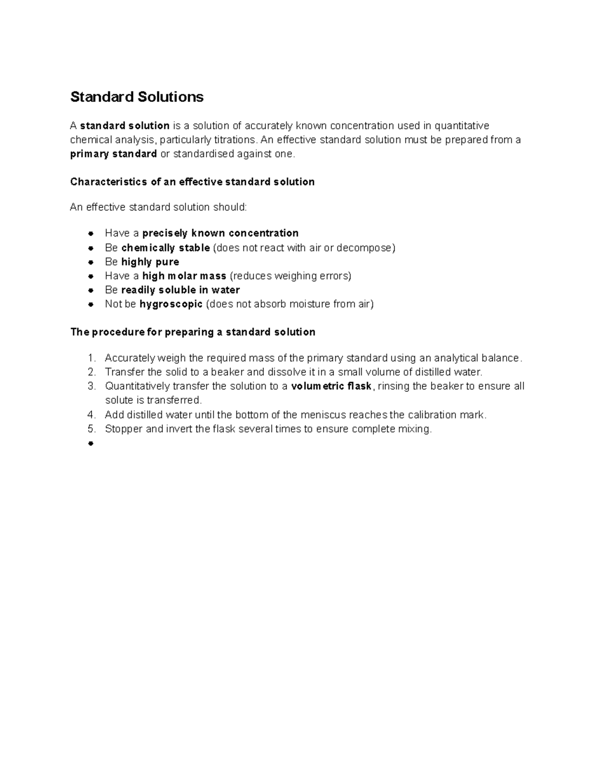 Standard Solutions - Notes for Chemistry Analysis - Studocu