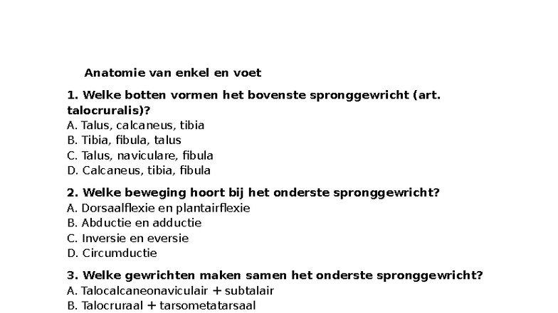 T4 Anatomie van Enkel en Voet - Vragen en Antwoorden Oefeningen ...