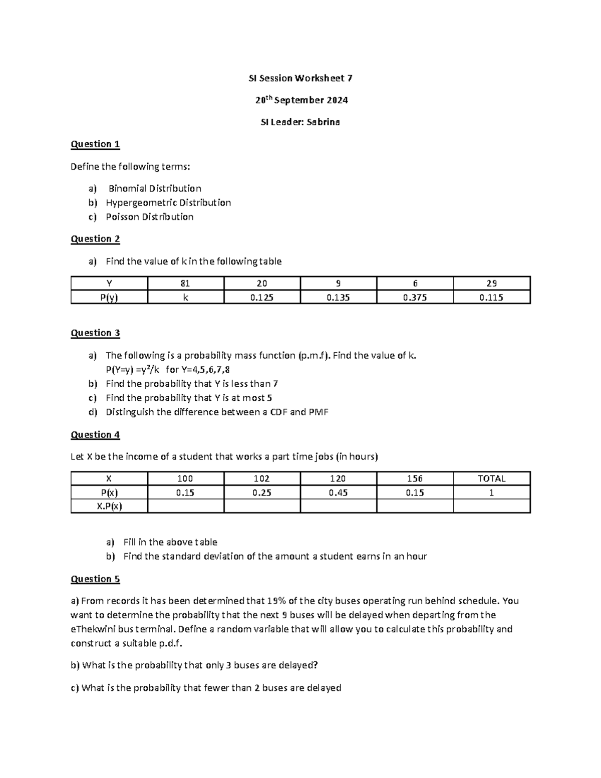 SI Session Worksheet 7: Probability Distributions & Skewness Analysis ...