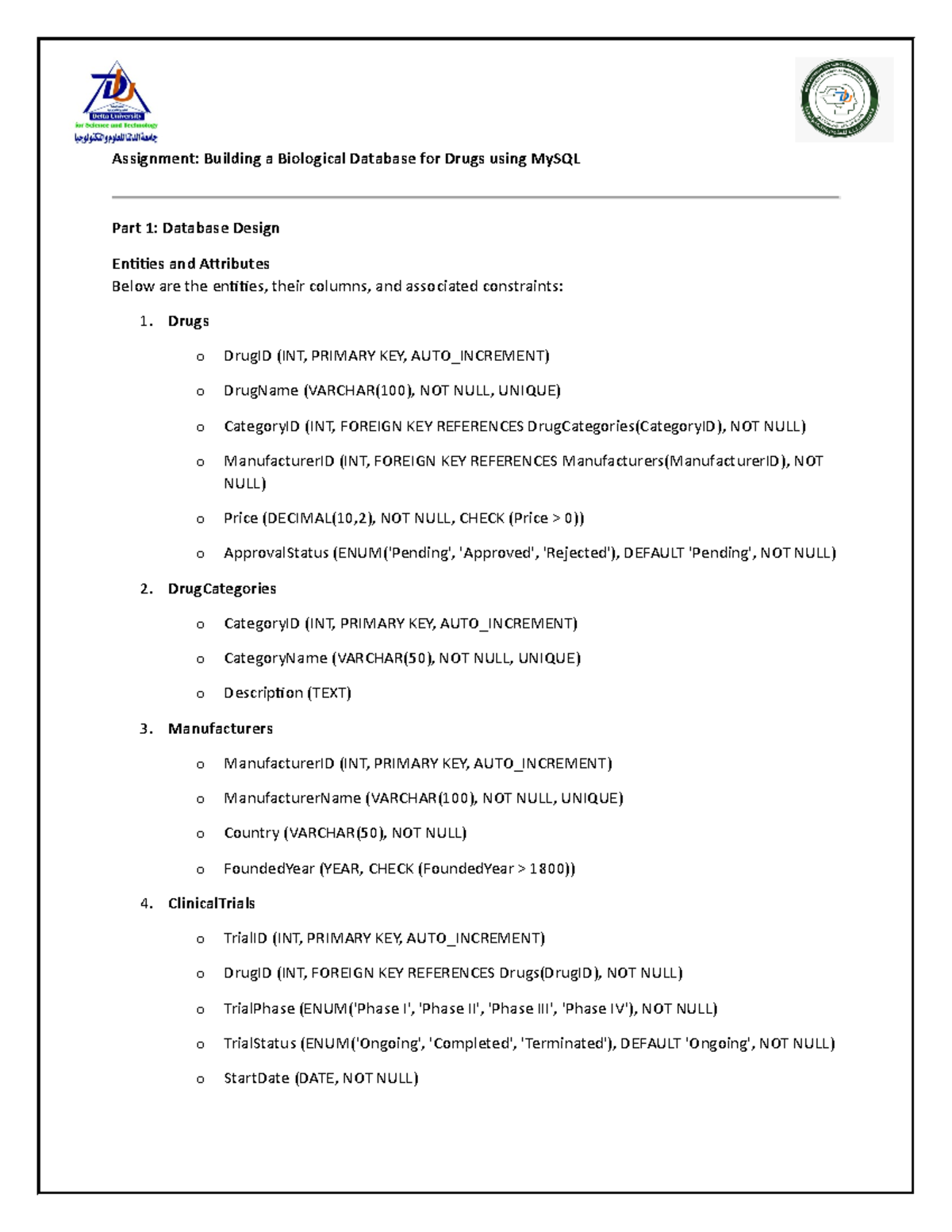 Biological task - task - Assignment: Building a Biological Database for ...