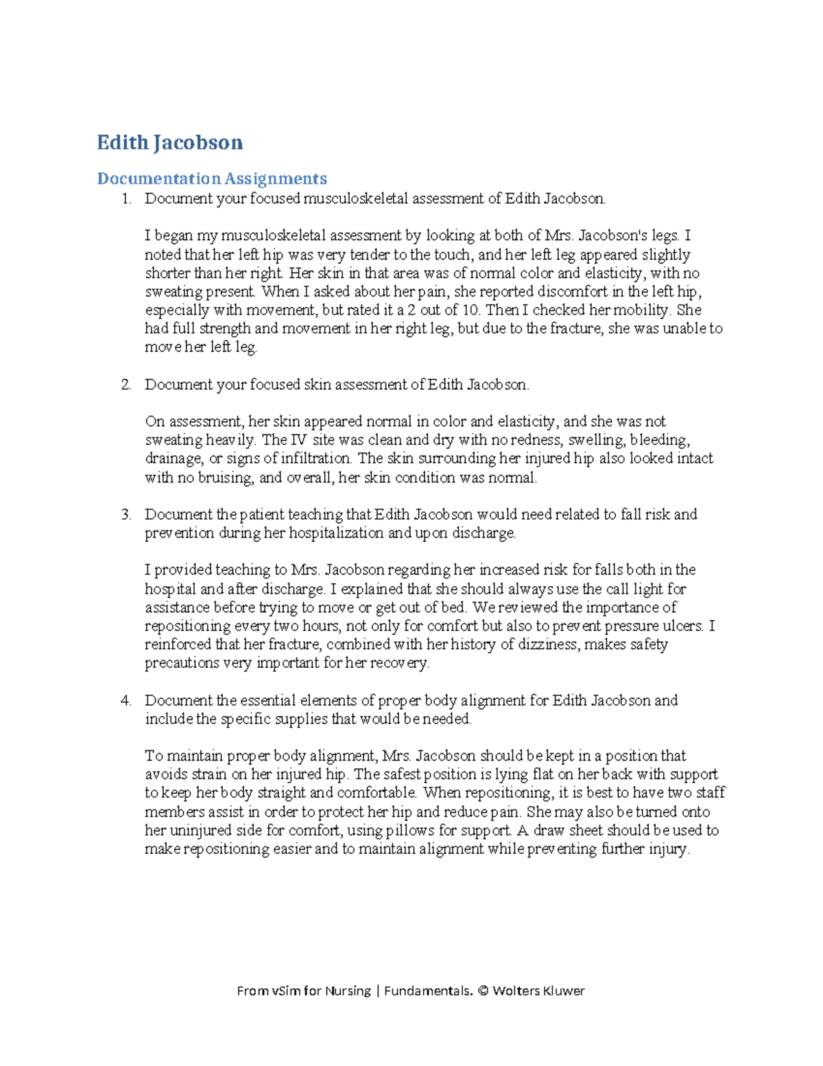 NUR 101: Edith Jacobson Focused Assessments & Patient Teaching - Studocu