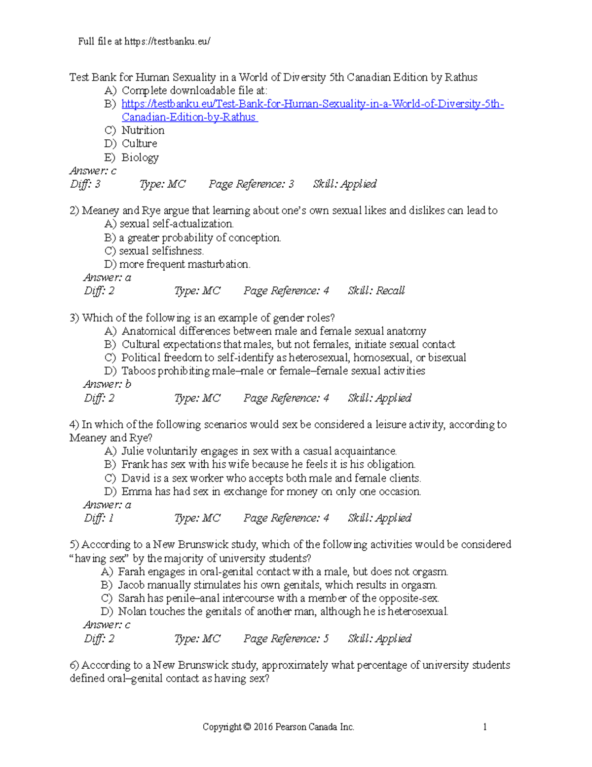 Test Bank for Human Sexuality (5th Canadian Ed.) - MCQ Answers - Studocu