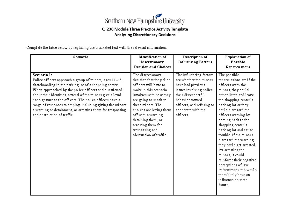 CJ 230 Analyzing Discretionary Decisions: Practice Activity 3-1 - Studocu