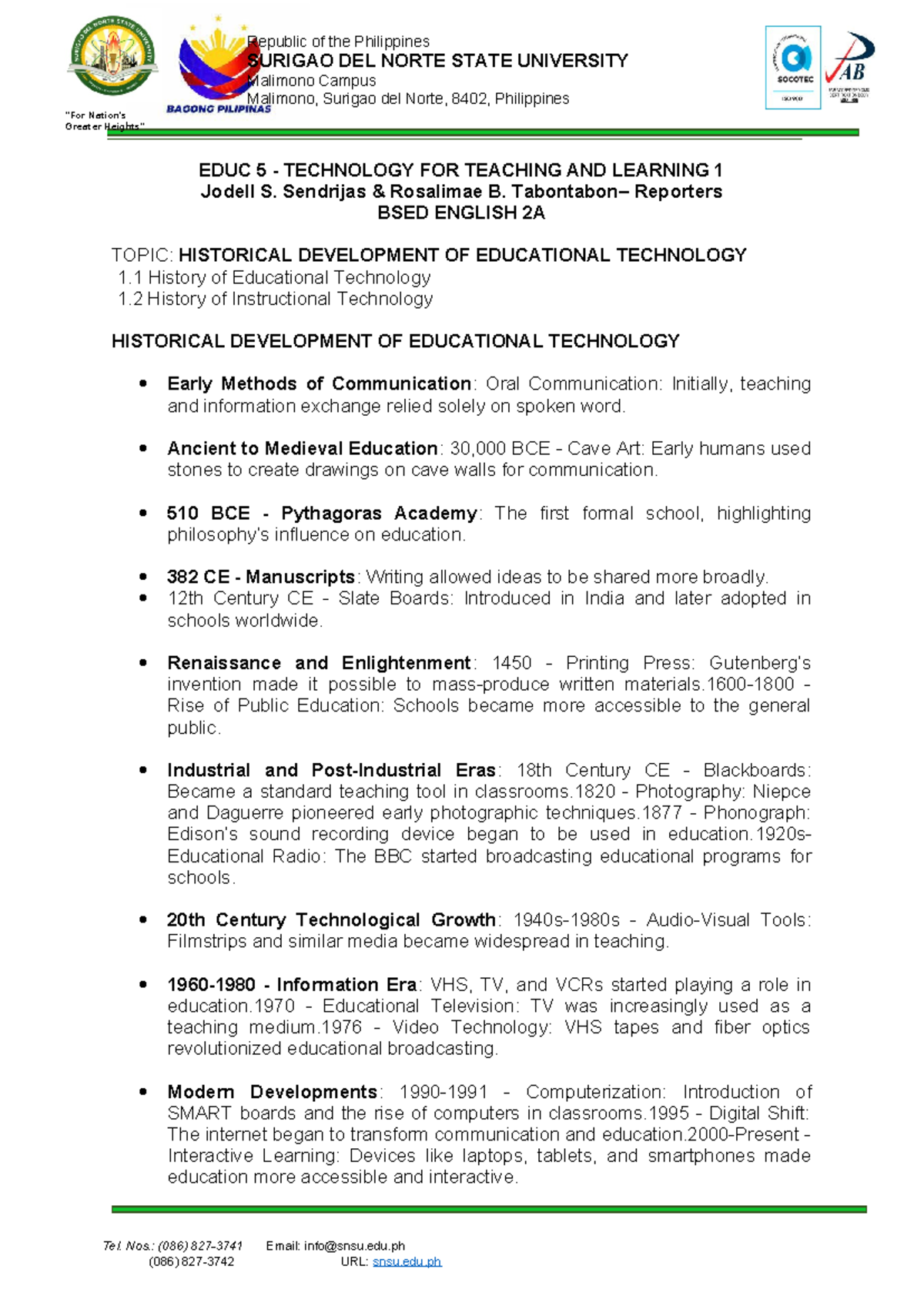 Historical Development of Educational Technology (EDUC 5 - Handout ...