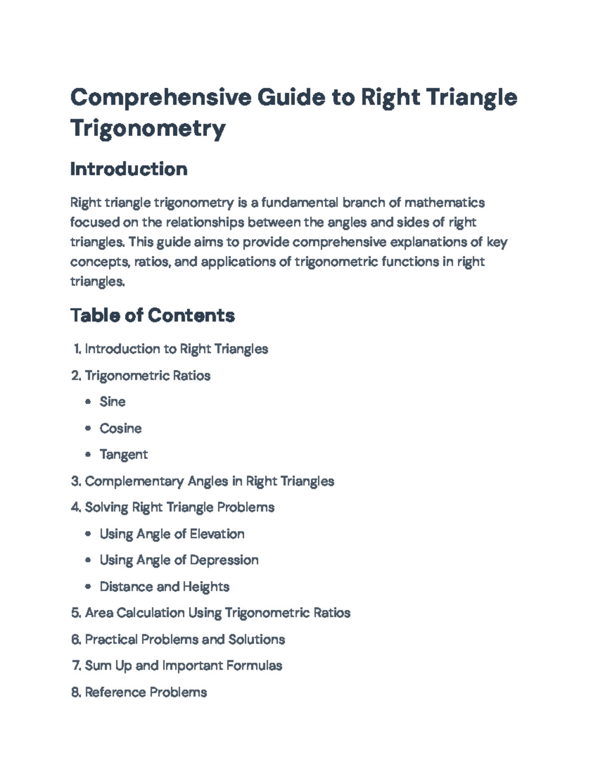 Comprehensive Guide to Right Triangle Trigonometry: Concepts ...