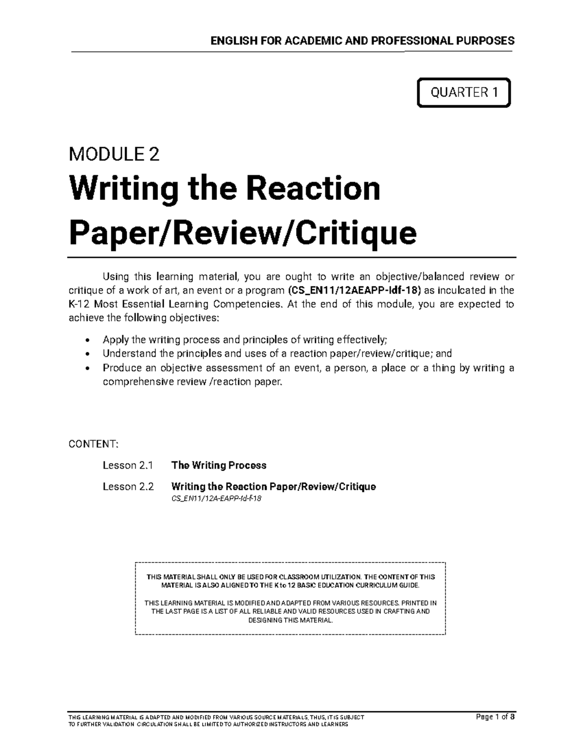 ENGLISH FOR ACADEMIC AND PROFESSIONAL PURPOSES MODULE 2: Writing the ...