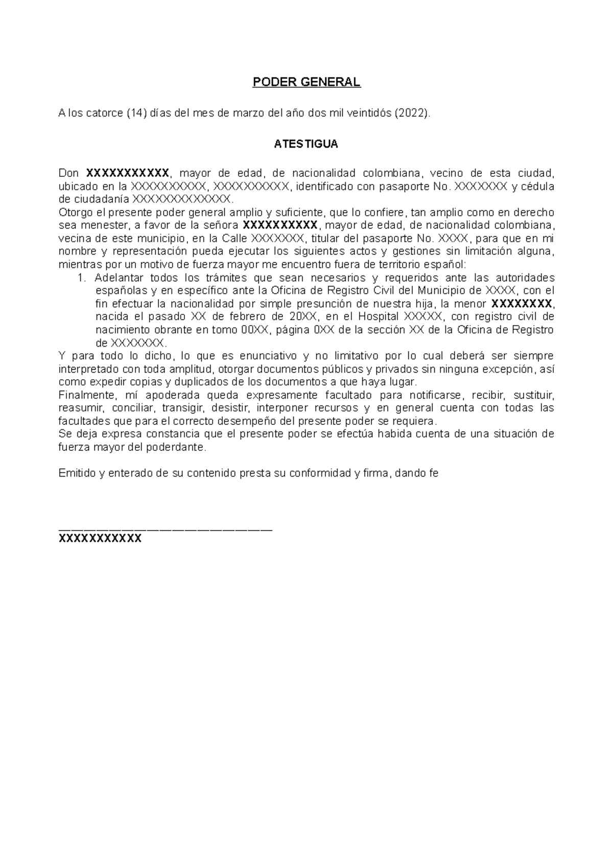 Modelo de poder general - Nacionalidad simple presunción - PODER ...