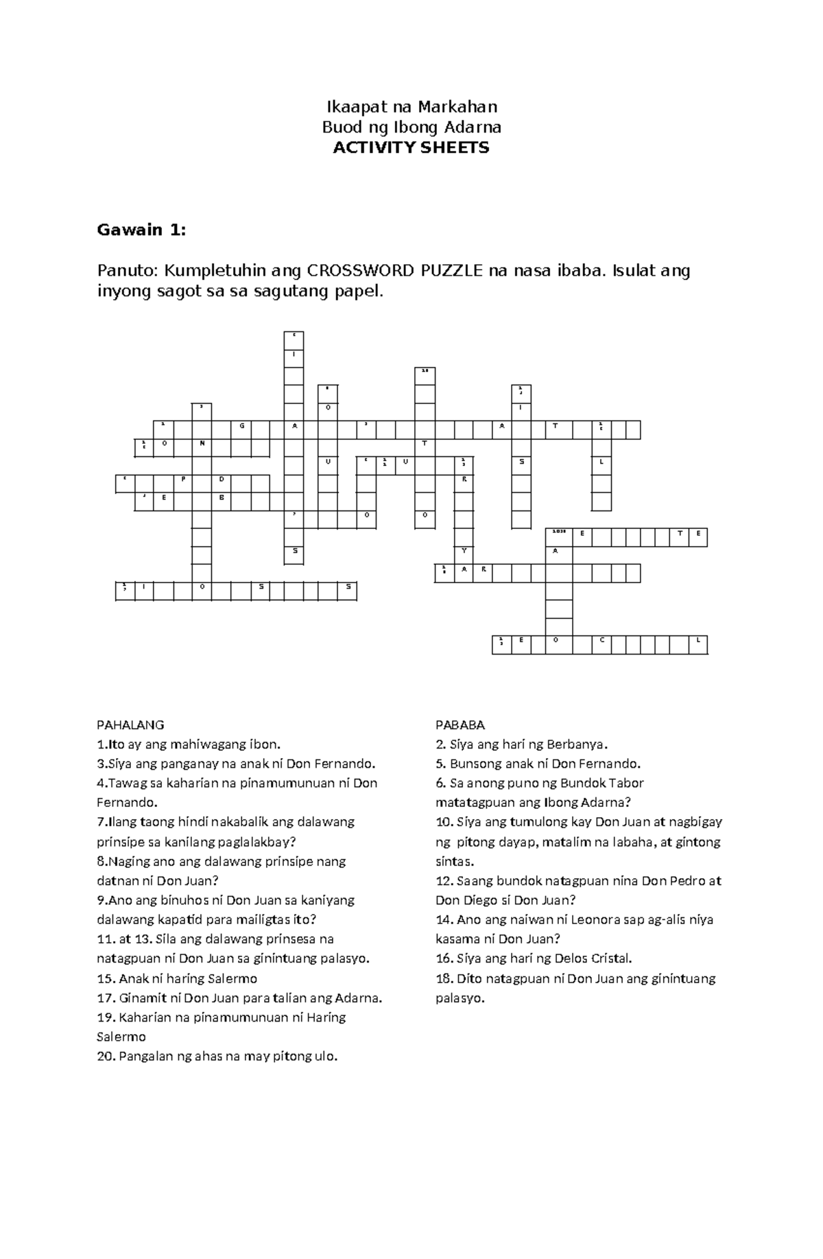 BUOD Gawain - Ikaapat na Markahan Buod ng Ibong Adarna ACTIVITY SHEETS ...