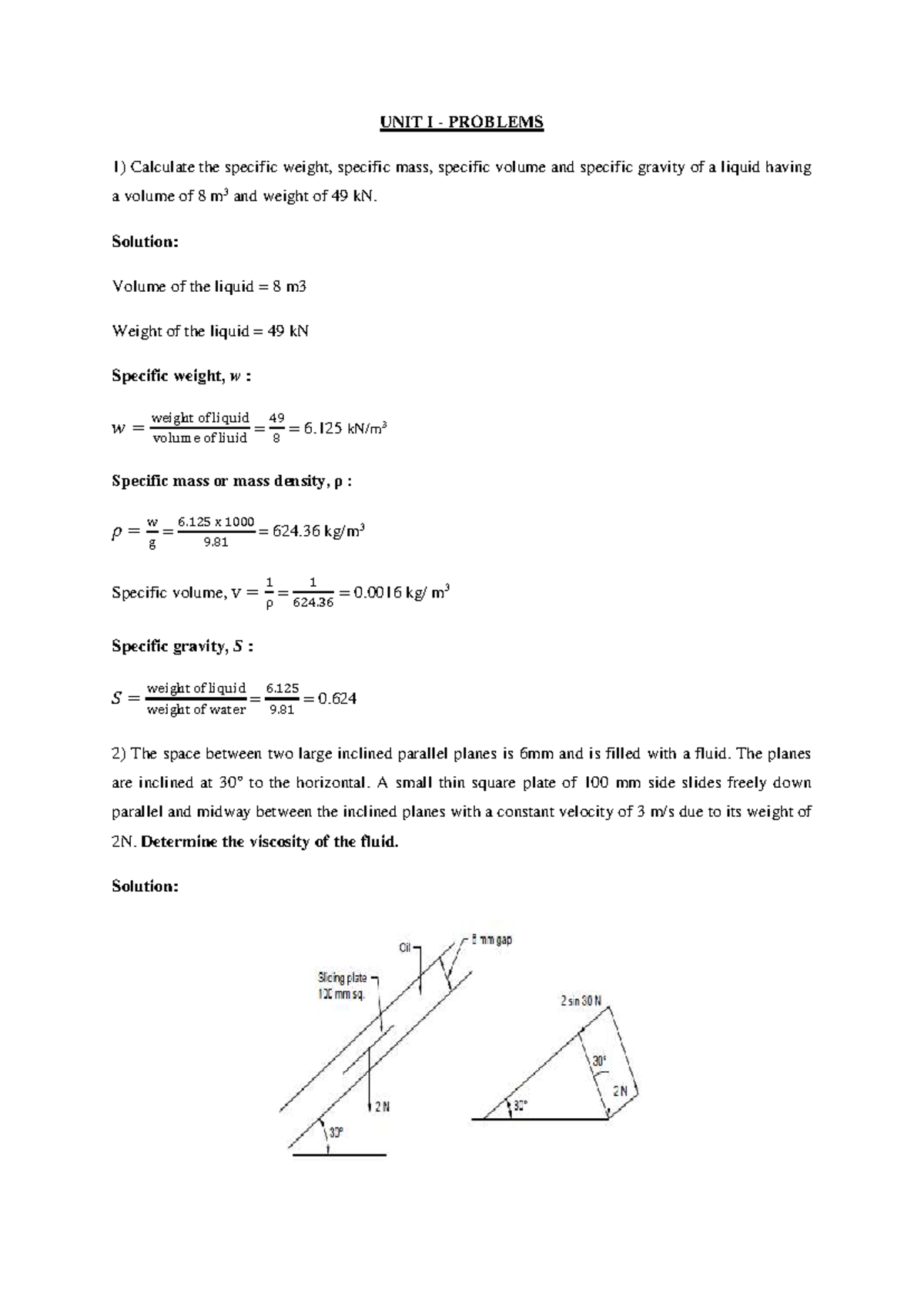 Fluid Mechanics Problems: Unit I Calculations and Solutions - Studocu