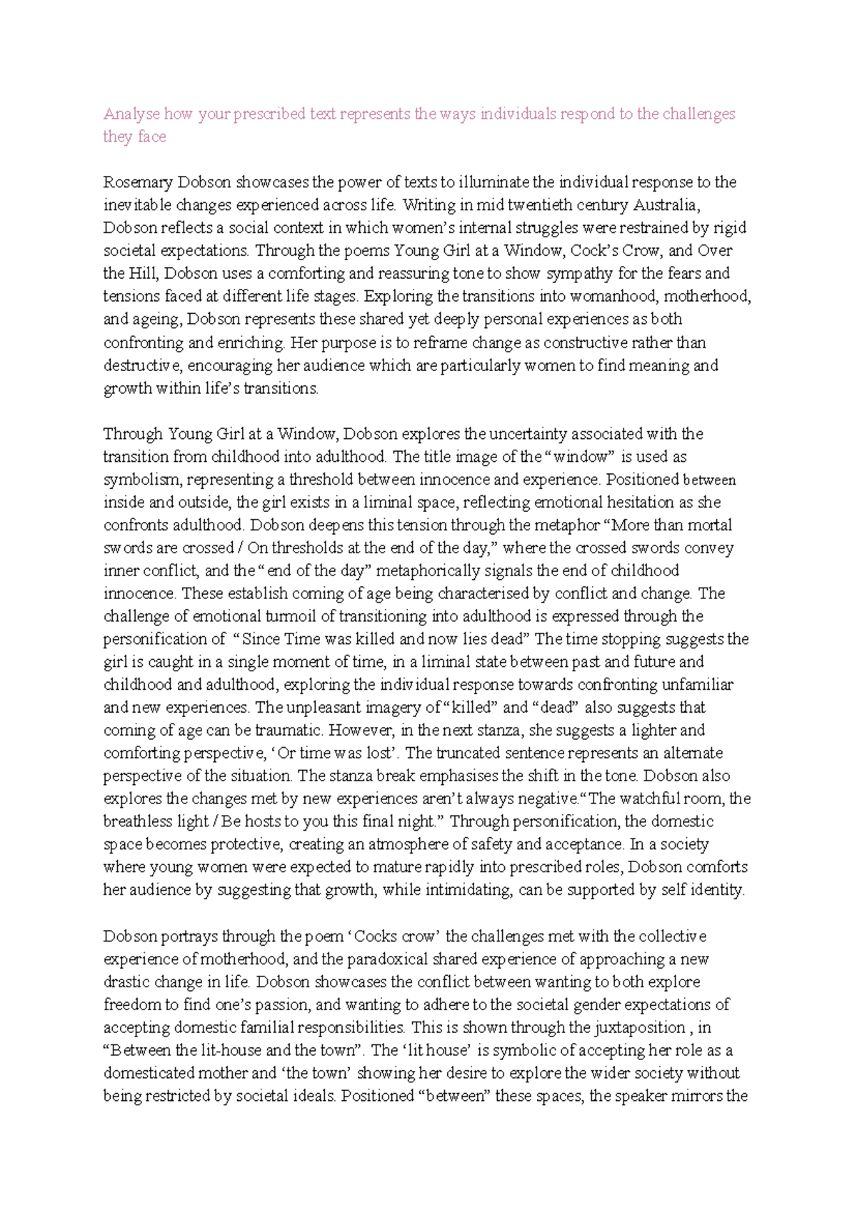 Rosemary Dobson Essay: Individual Responses to Life's Challenges - Studocu