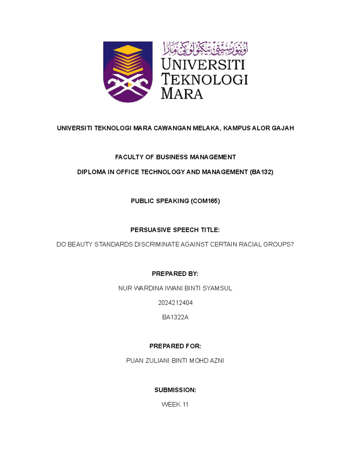 Persuasive Speech Outline: Beauty Standards & Racial Discrimination ...