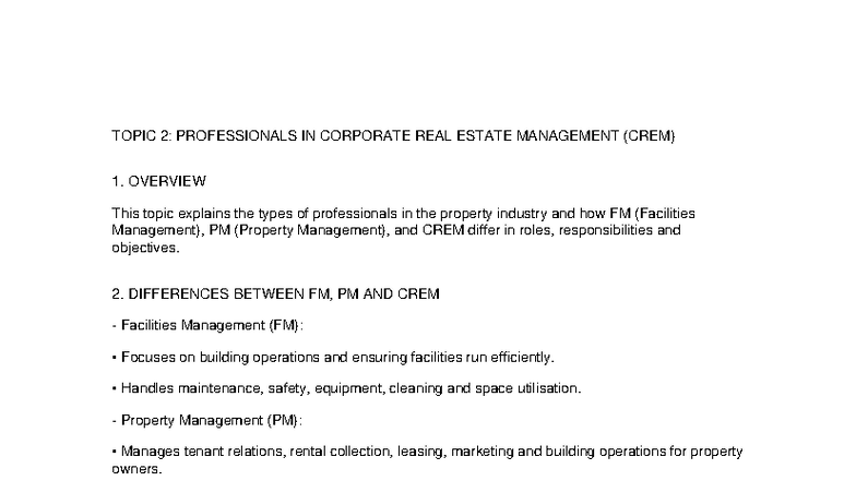 CREM 101: Understanding Roles in Corporate Real Estate Management - Studocu
