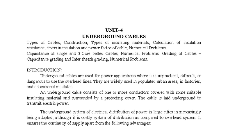 UNIT-4: Underground Cables - Types, Construction, Insulation, and ...