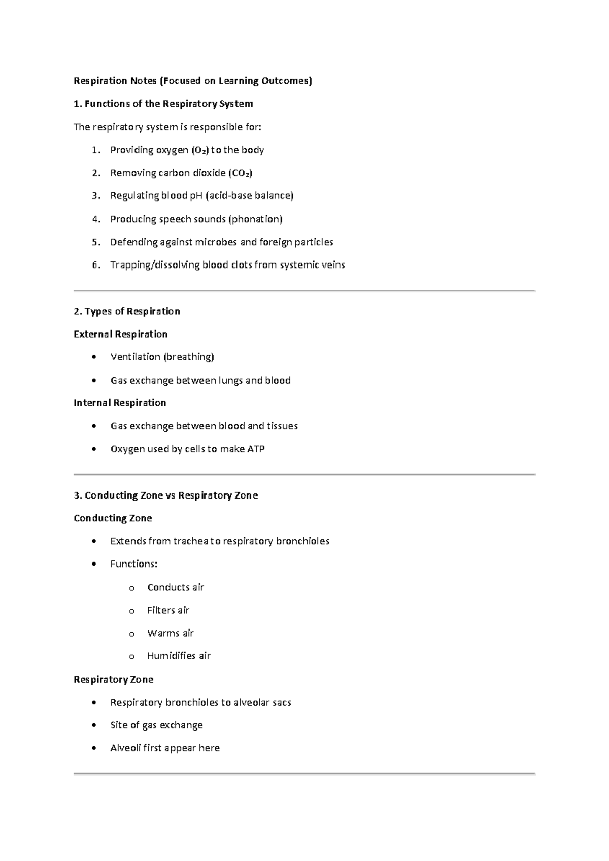 Respiration Notes (Focused on Learning Outcomes) - Key Concepts and ...