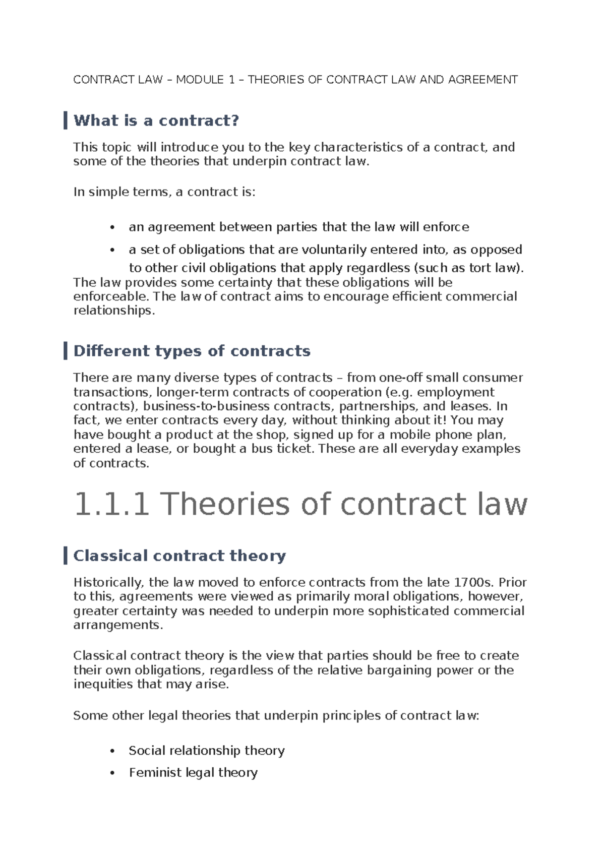 CL Module 1: Theories of Contract Law and Agreement Overview - Studocu