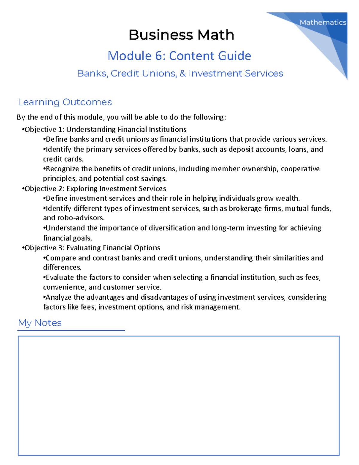 Business Math Module 6: Content Guide on Financial Services & Fees ...