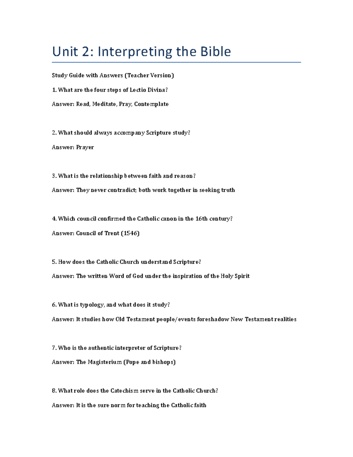 Unit 2: Catholic Scripture Study Guide & Answers (Teacher Version ...