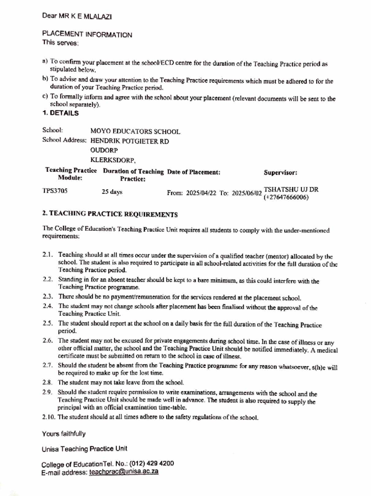 Khulani Mlalazi TPS3705 Teaching Practice Placement Info & Observations ...