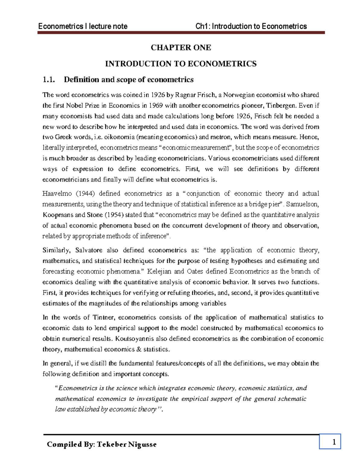 Econometrics I: Chapter 1 - Intro to Econometrics and Its Scope - Studocu