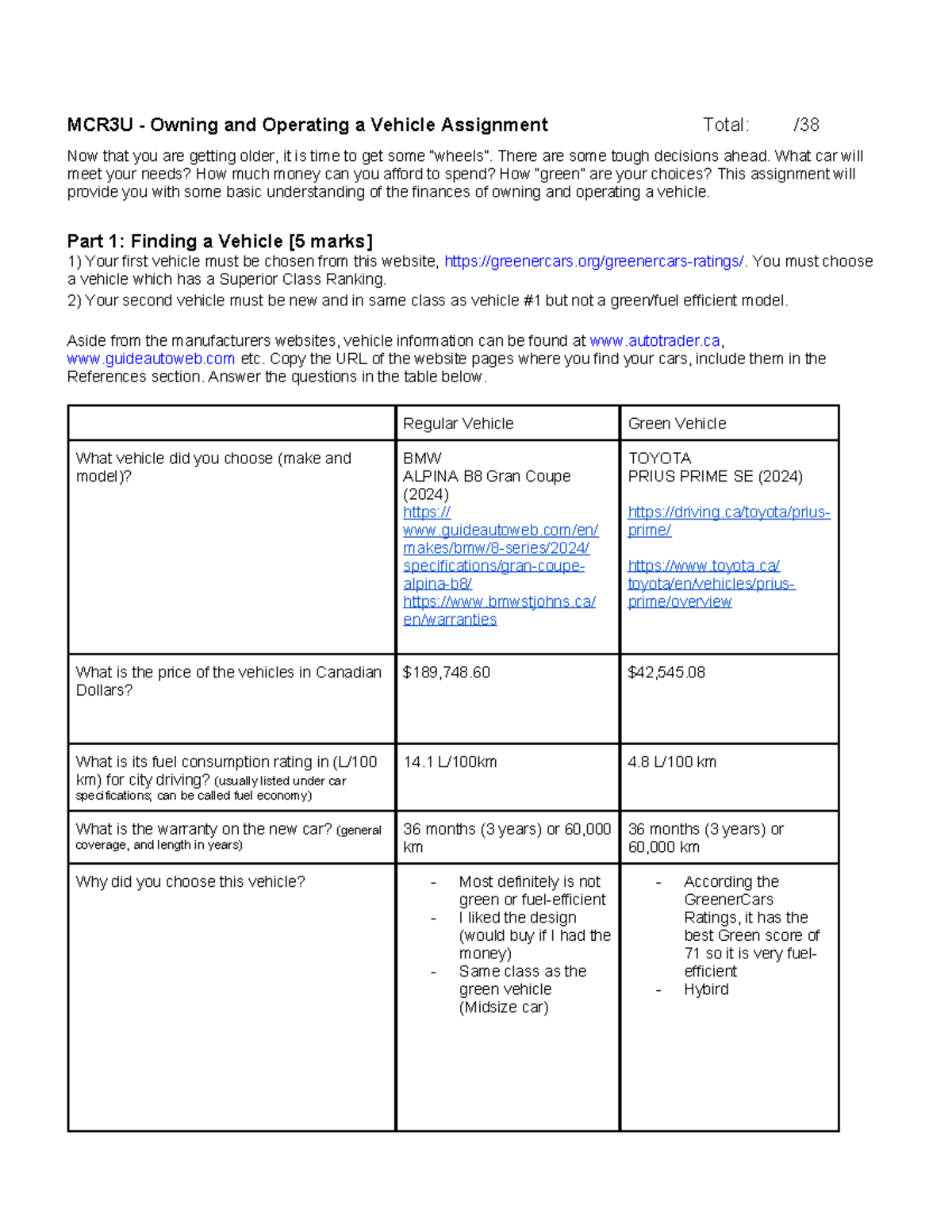 MCR3U Final Assignment: Owning and Operating a Vehicle Analysis - Studocu