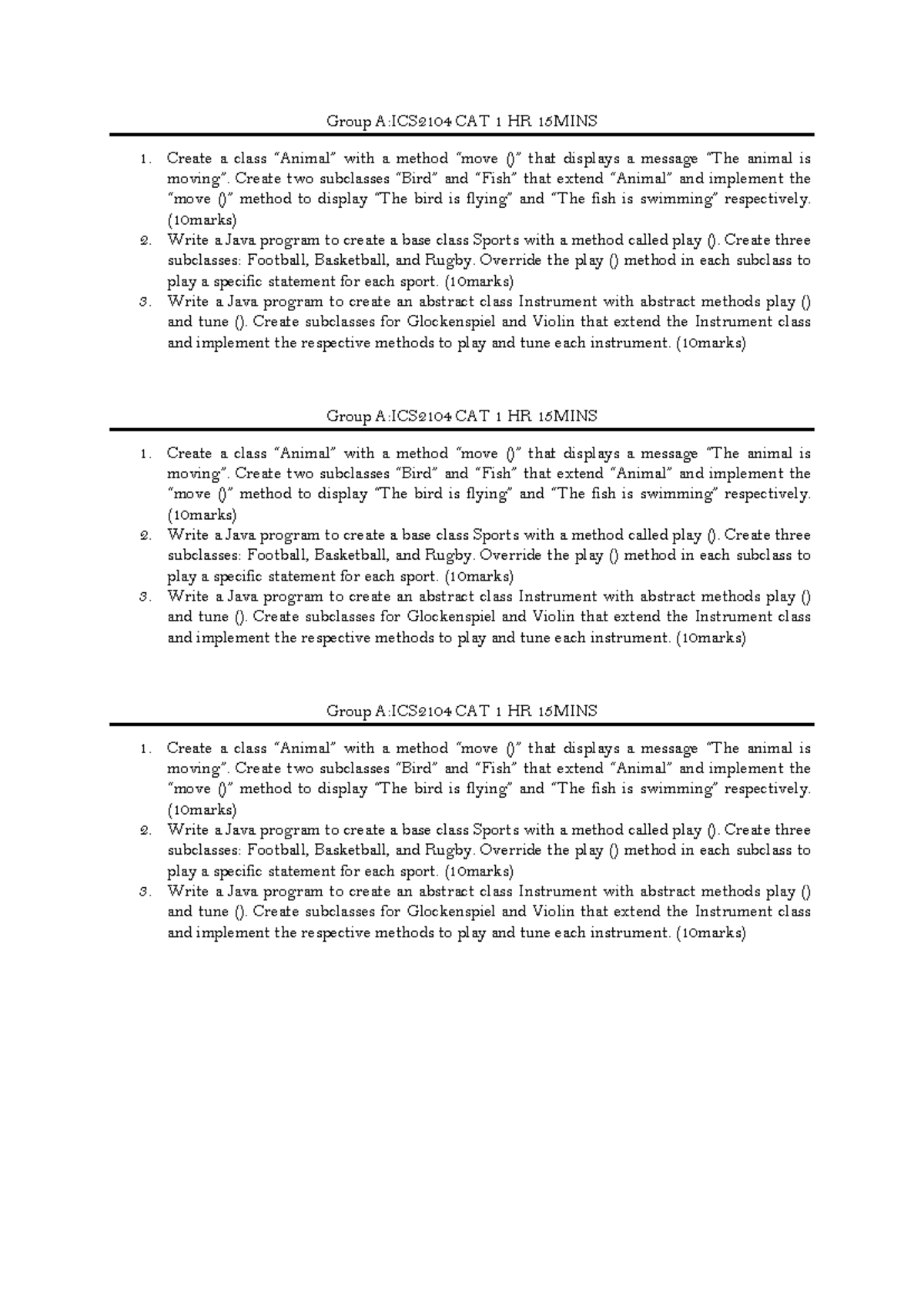 ICS2104 CAT 1: Java Class and Subclass Implementation Tasks - Studocu
