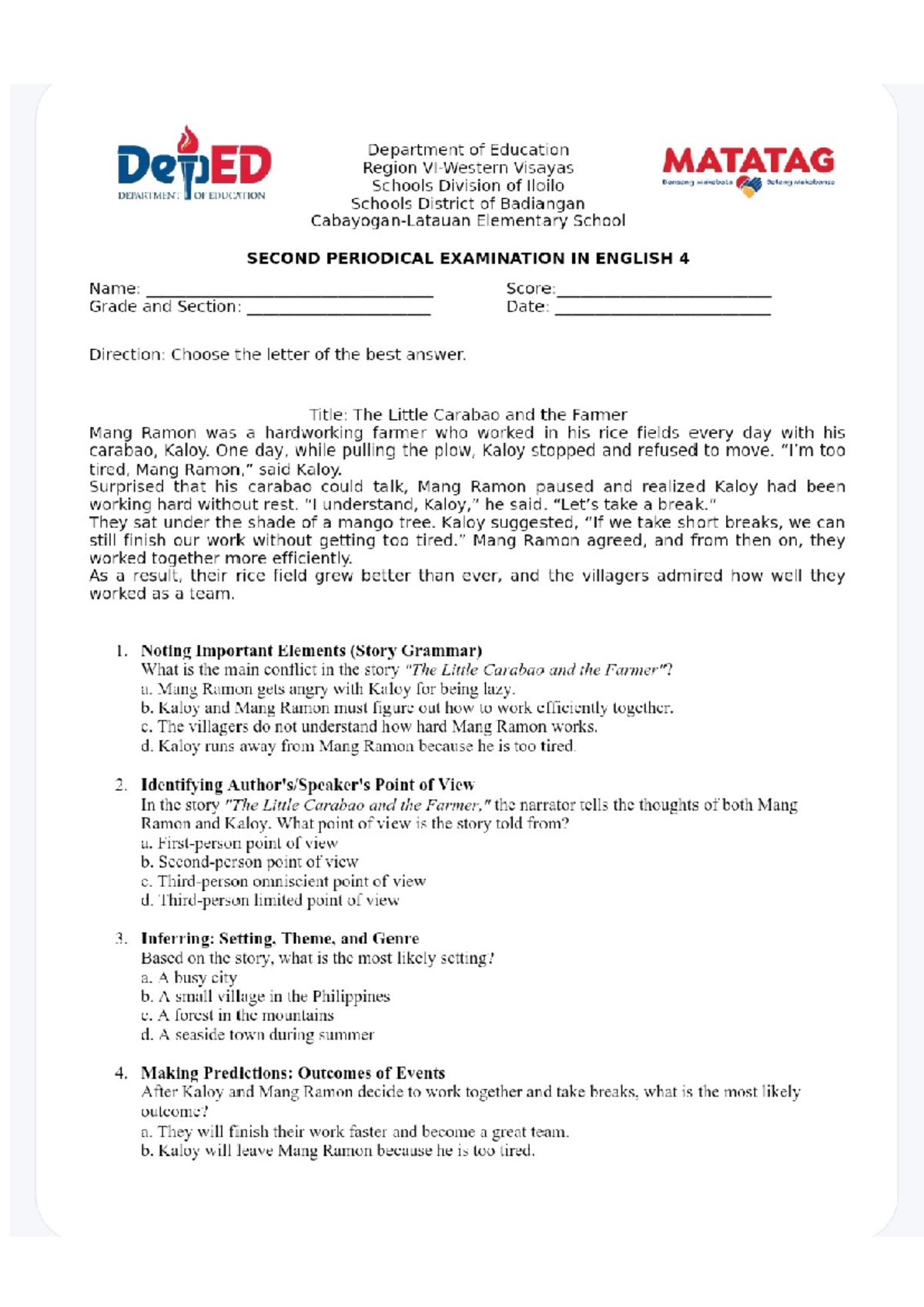 Grade 4 - English Second Periodical Exam Reviewer - Studocu
