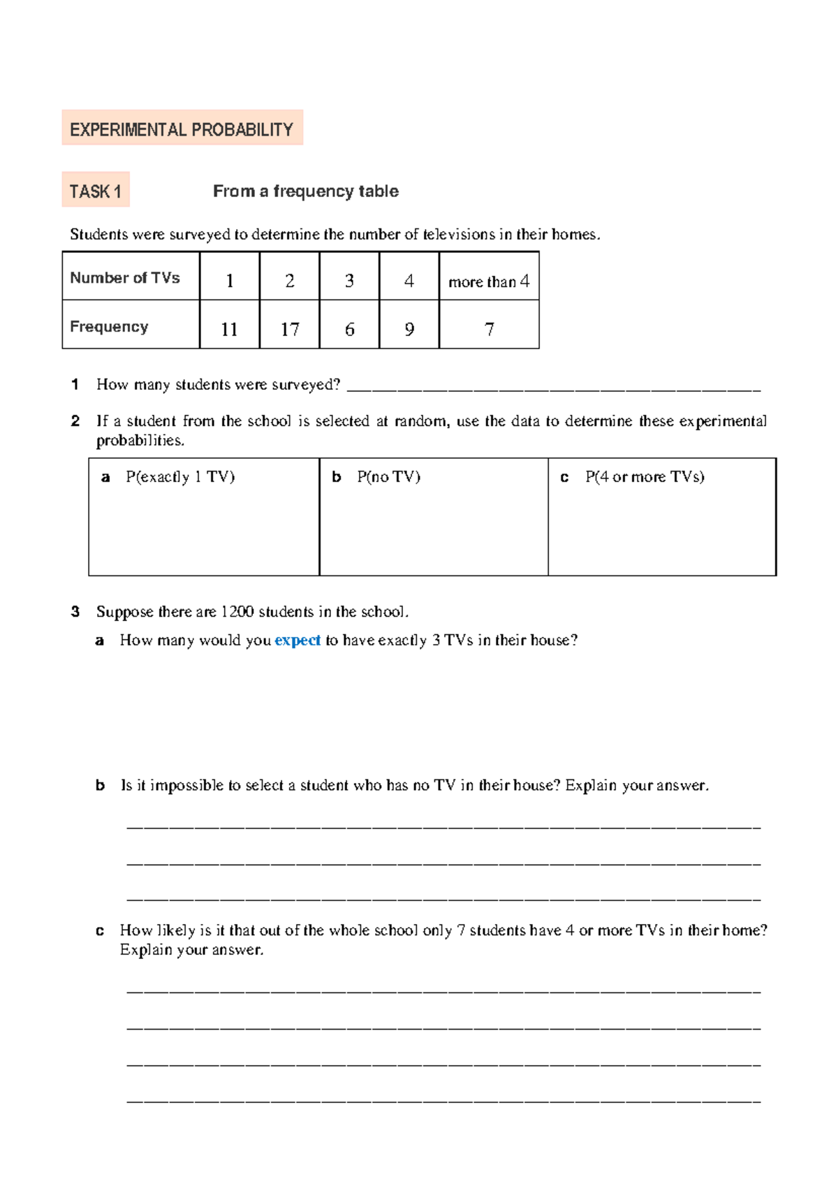 Experimental Probability Task 1: Analyzing TV Ownership Data - Studocu
