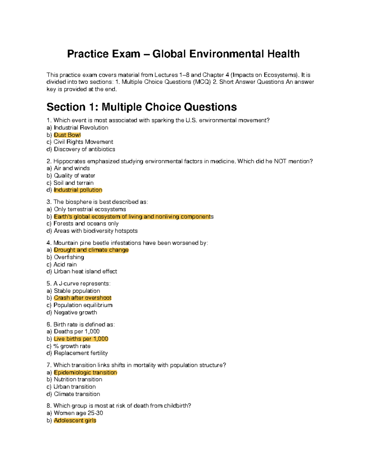 Environmental Health Practice Exam: MCQs & Short Answers - Studocu