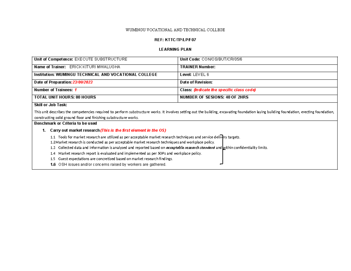 Learning Plan for Executing Substructure - CON/OS/BUT/CR/05 - Studocu