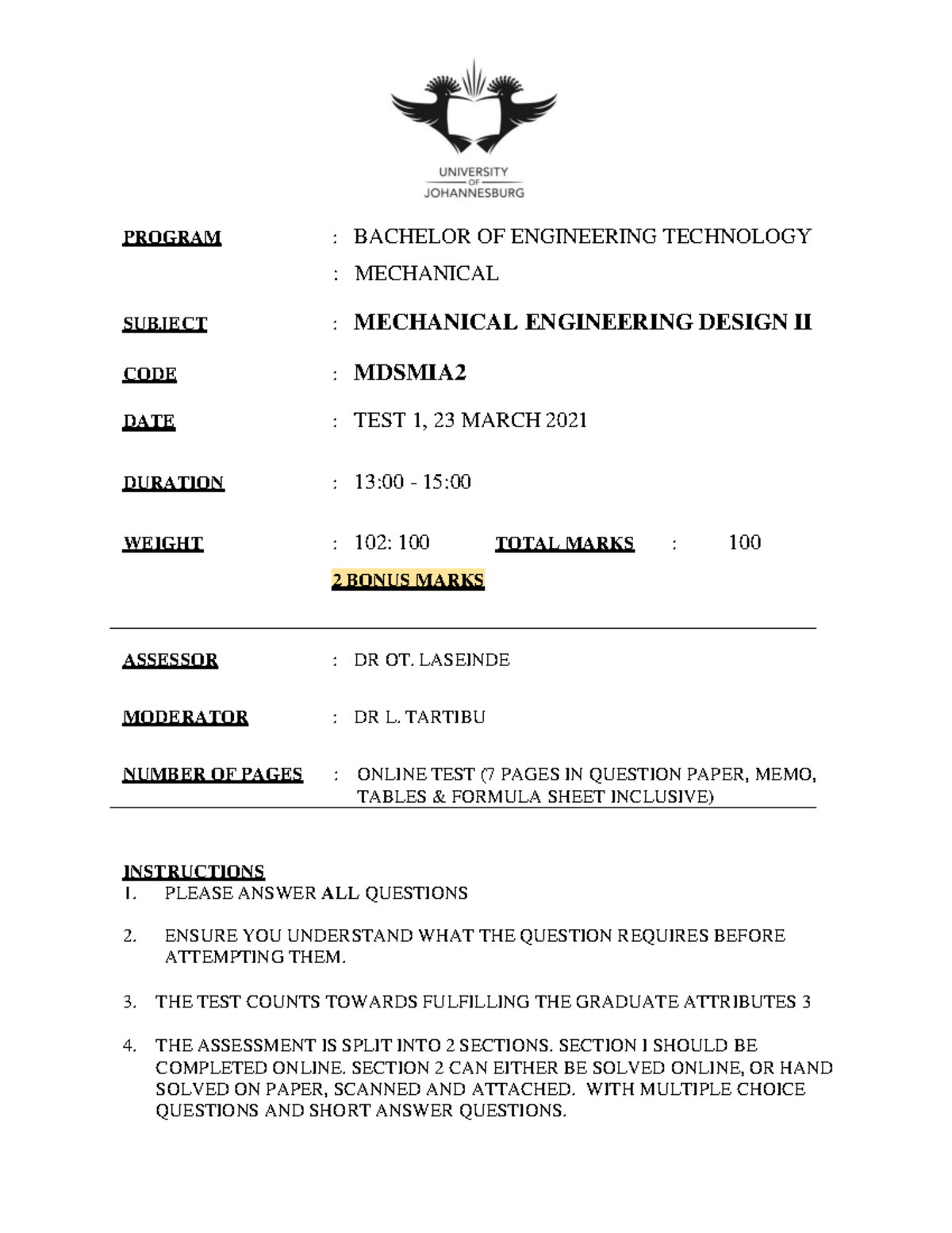 MDSMIA 2021 Test 1 Memo - Mechanical Engineering Design II Exam - Studocu