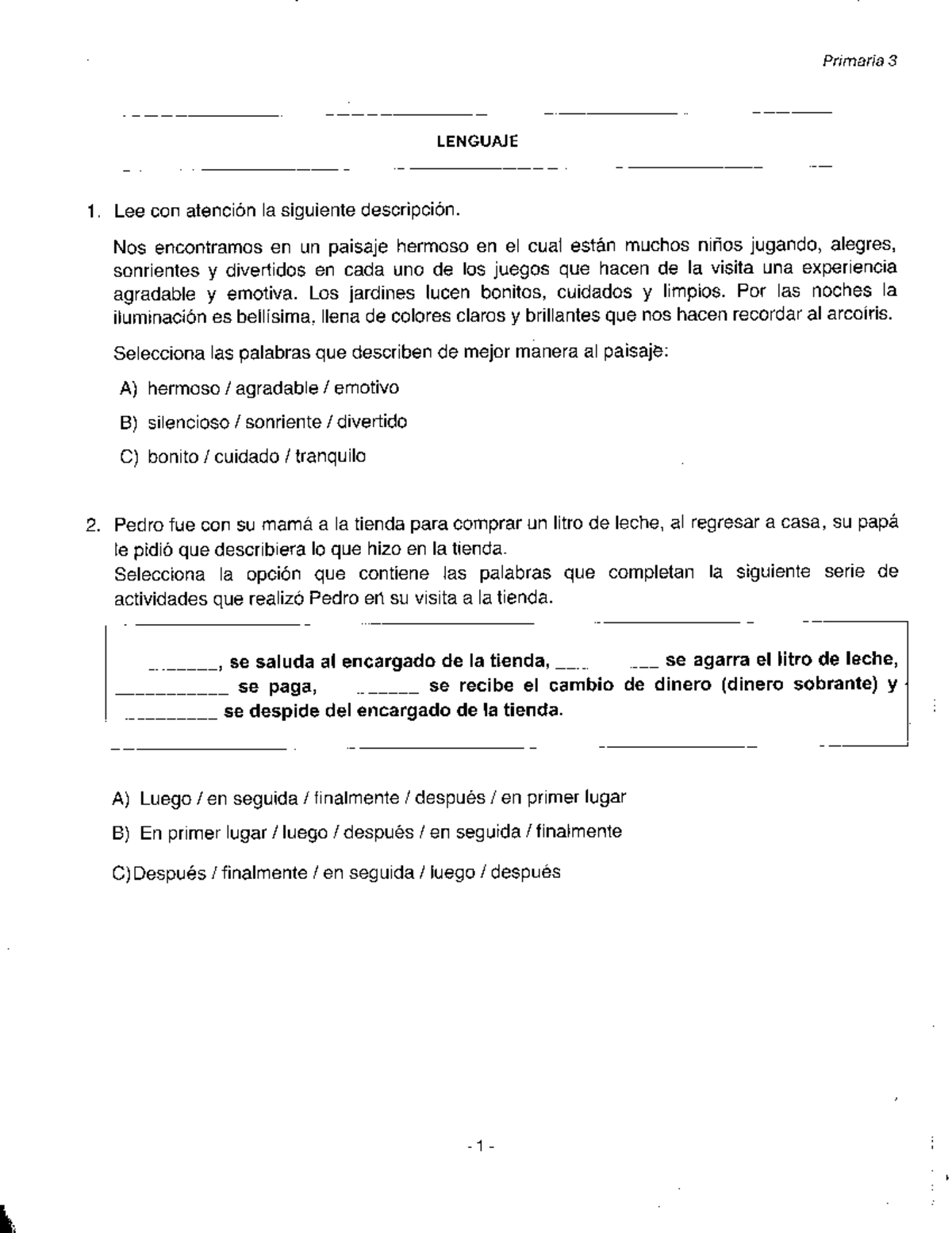 Primaria 3 LENGUAJE 1: Descripción de Paisajes y Actividades - Studocu