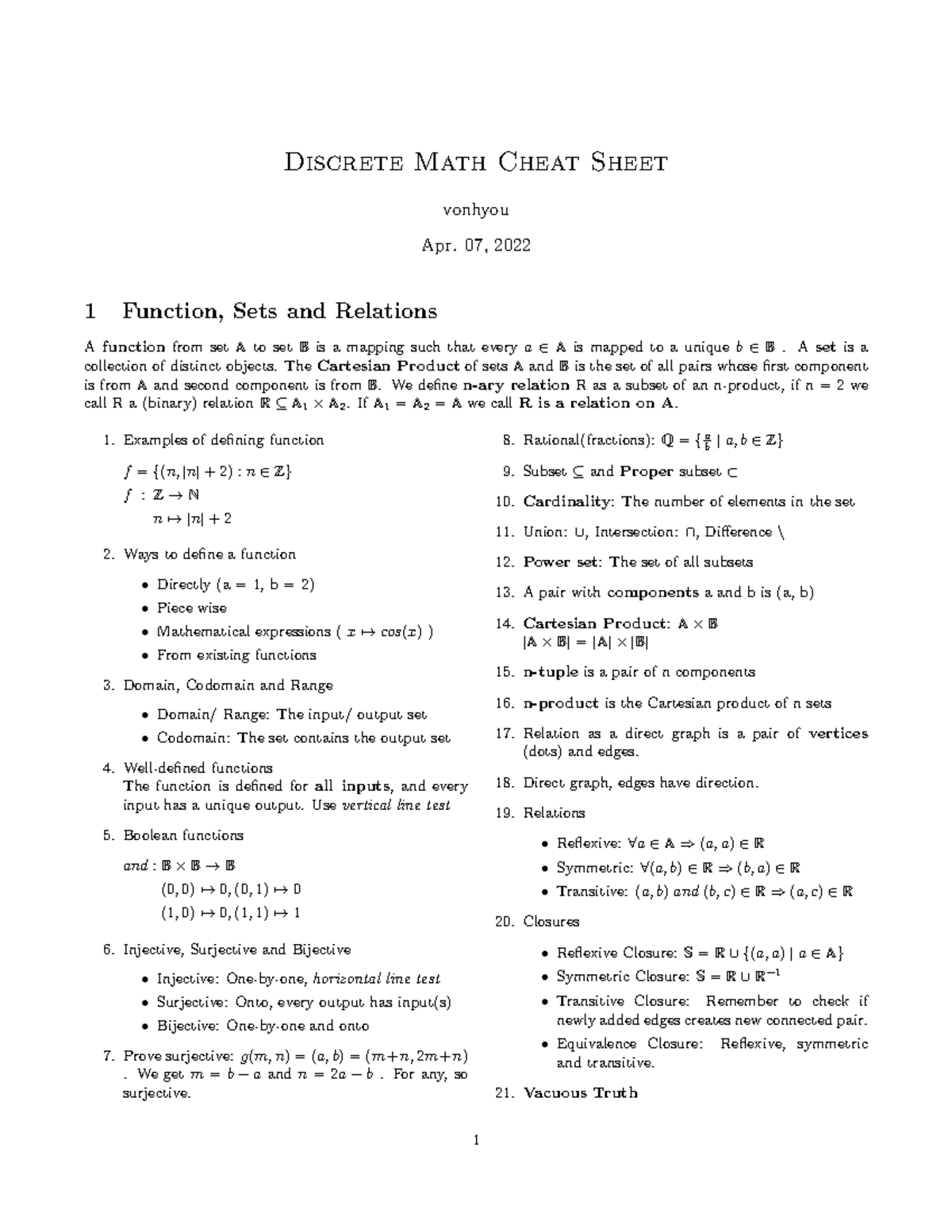 Discrete Math Cheatsheet: Functions, Logic, and Combinatorics - Studocu