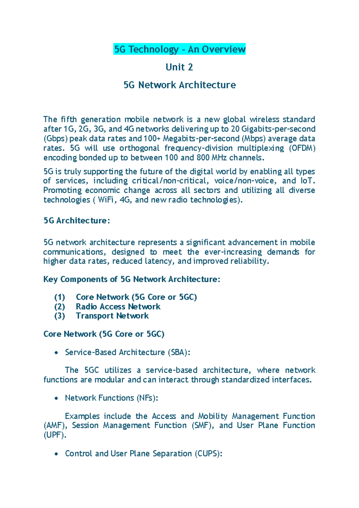 Unit 2 - 5G Network Architecture Notes: Overview & Key Features - Studocu