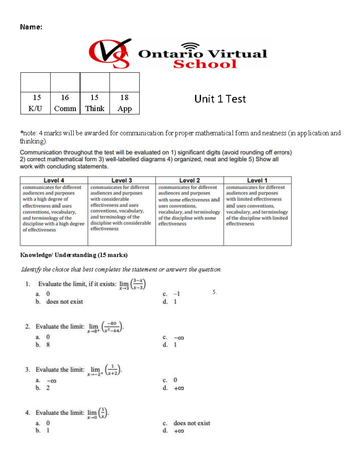 Unit 1 Test - Comm 15: Understanding Discontinuities and Limits - Studocu
