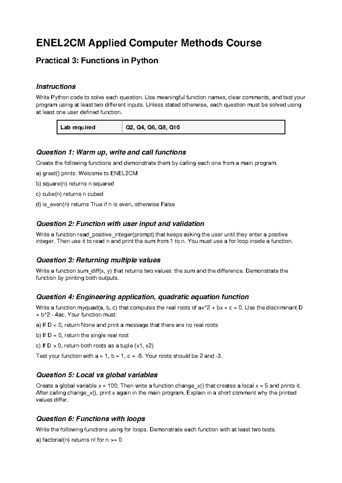 ENEL2CM Practical Lecture 3: Functions in Python Guide - Studocu