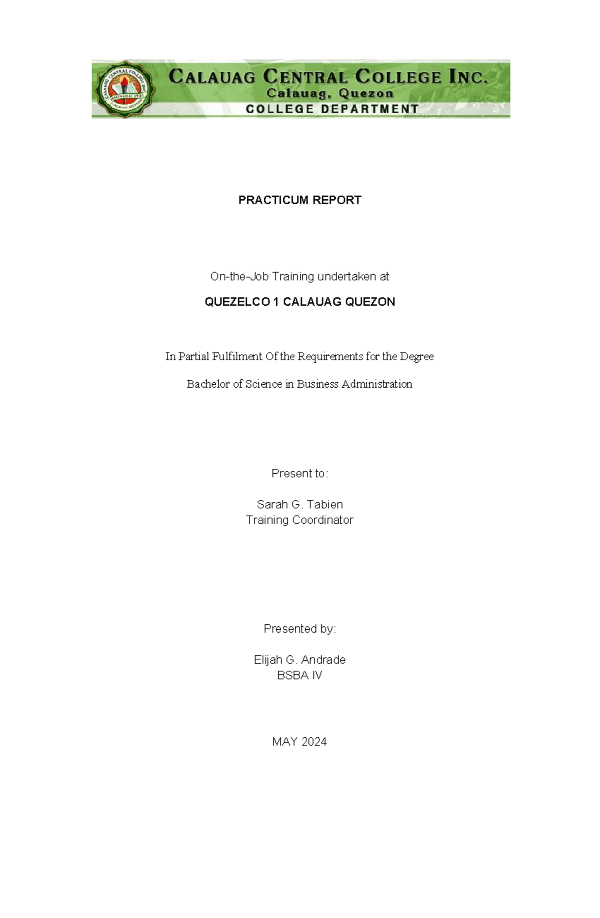 Practicum Report Title PAGE - PRACTICUM REPORT On-the-Job Training ...