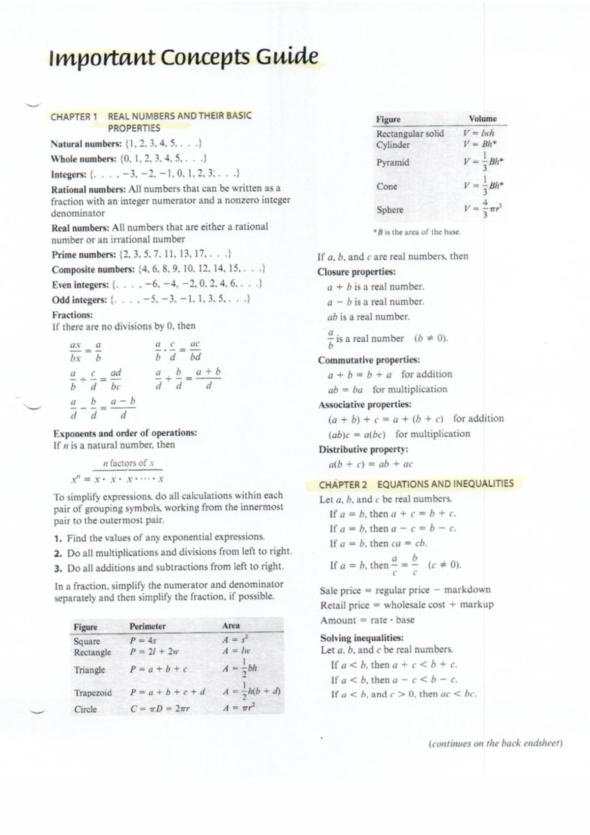 MTH 100 Important Concepts Guide: Real Numbers & Equations - Studocu