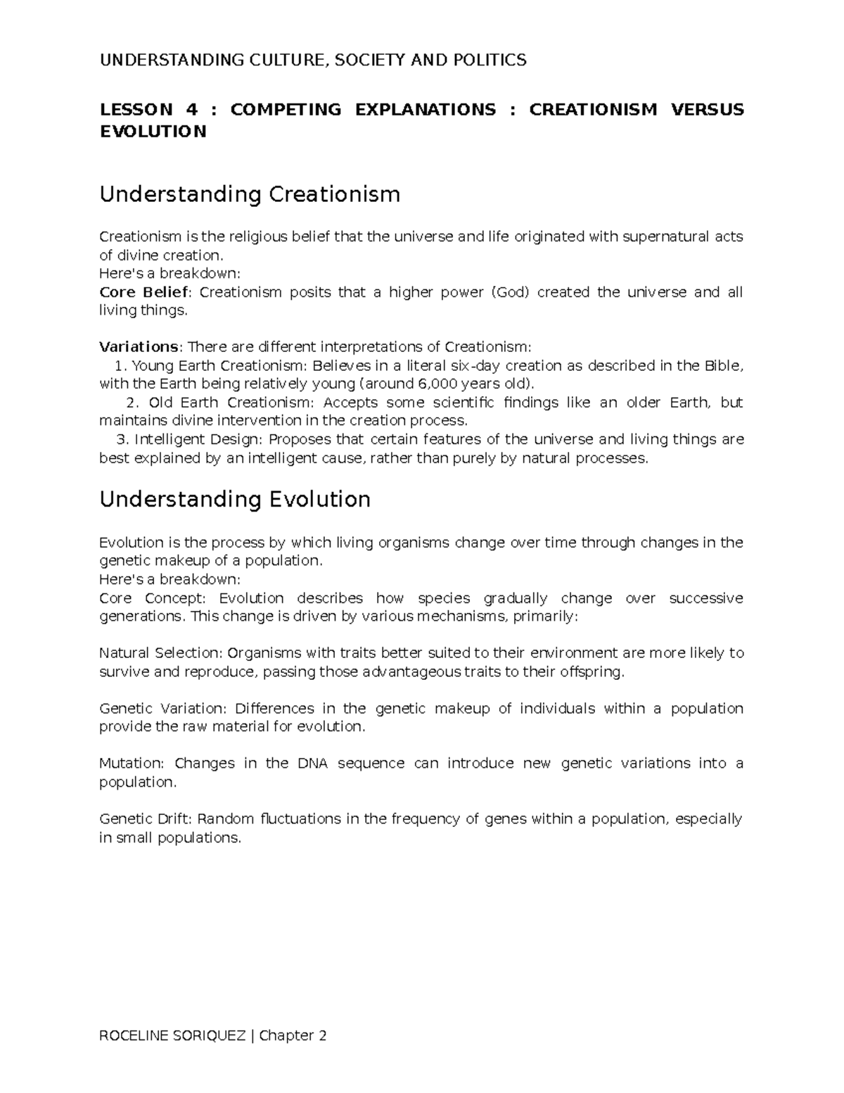SOC - G11 Lesson 4: Competing Explanations of Creationism vs. Evolution ...