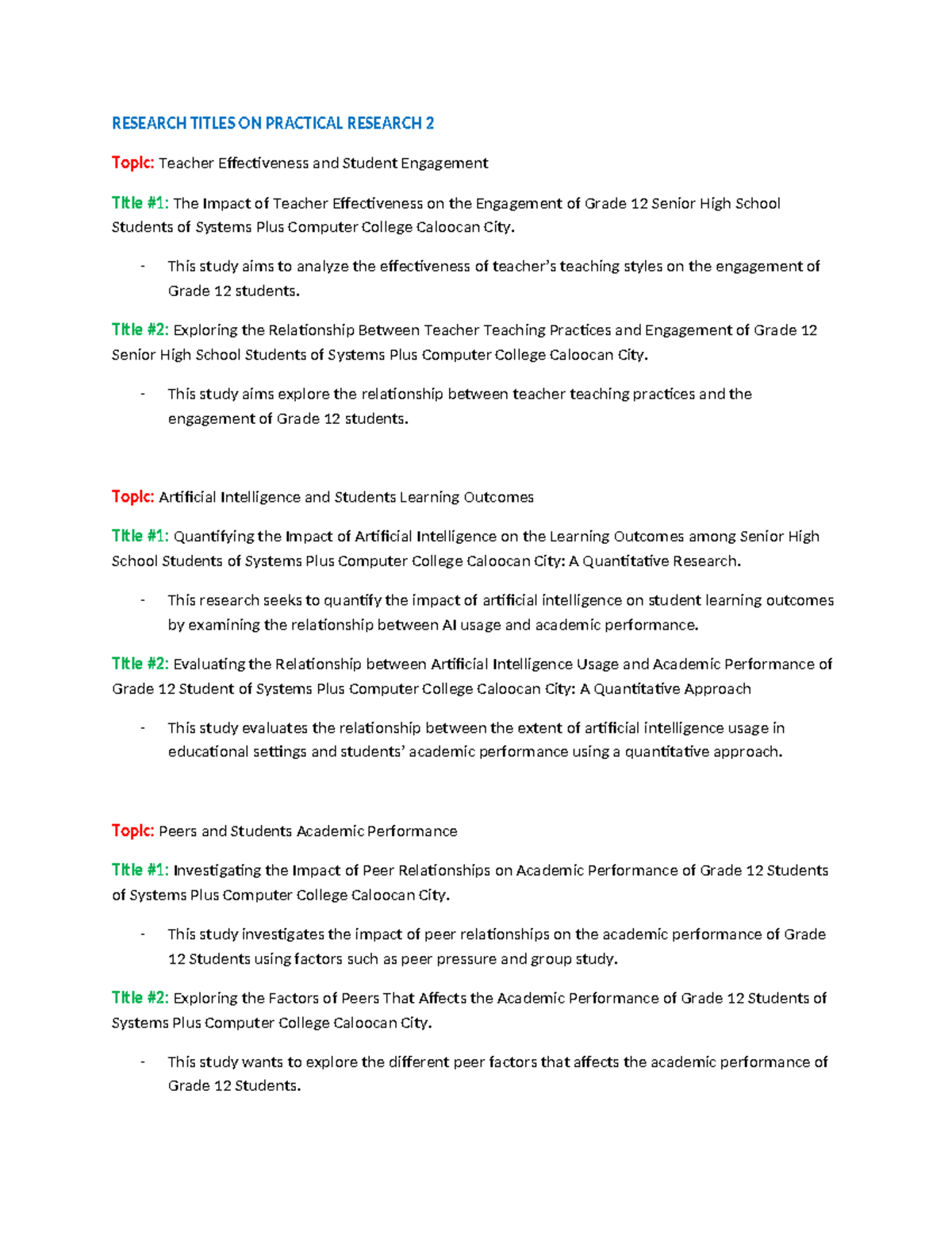Research Titles for Practical Research 2: Teacher Effectiveness, AI ...