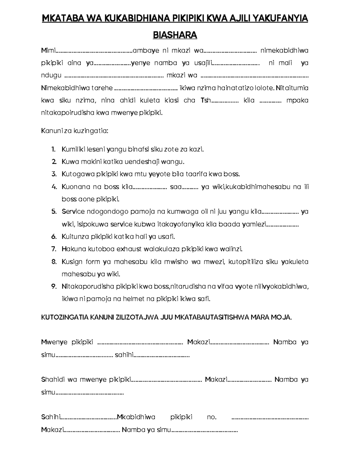 Mkataba wa Kukabidhiana Pikipiki kwa Biashara - Mkataba wa Uendeshaji ...