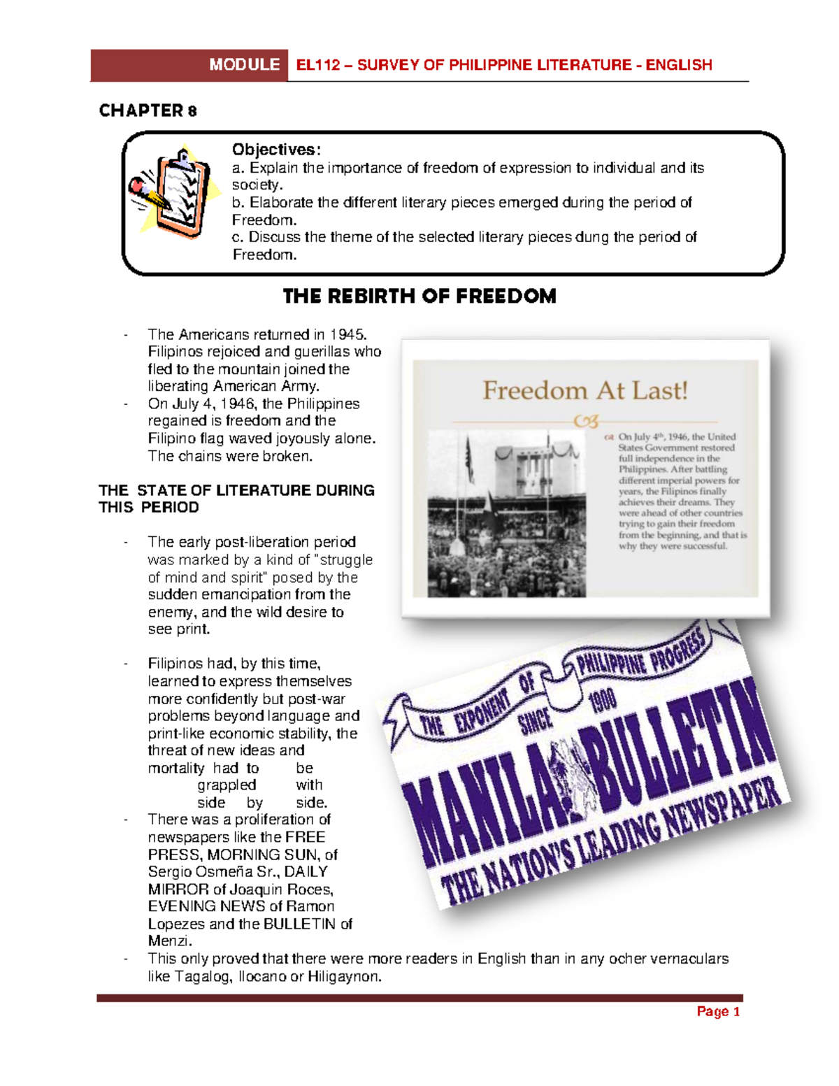 MODULE EL112 SURVEY OF PHILIPPINE LITERATURE ENGLISH: Chapter 8 ...