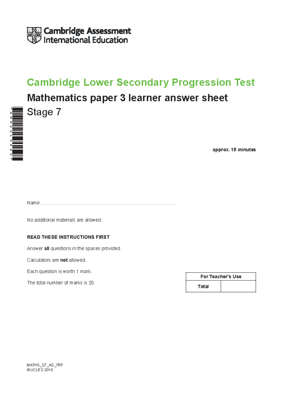 Cambridge Lower Secondary Progression Test - Math S7 Answer Sheet 2018 ...