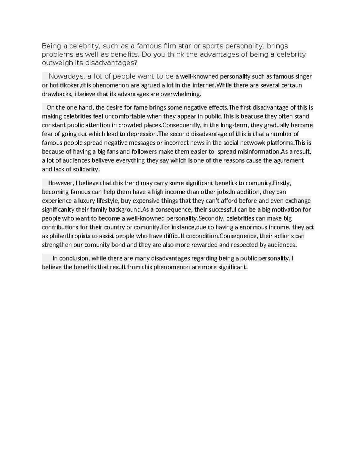 Being a Celebrity: Weighing the Pros and Cons - Writing Task 2 - Studocu