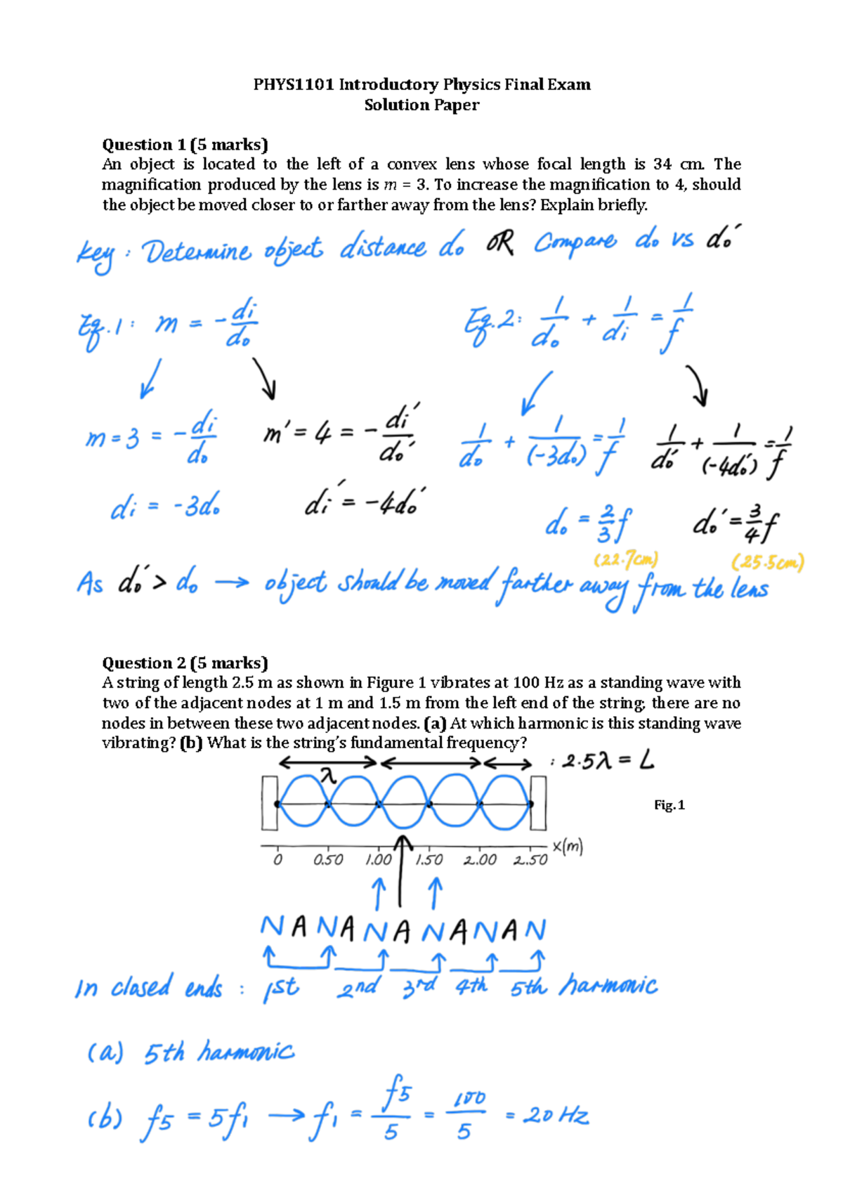 PHYS1101 Introductory Physics Final Exam Sample Solutions - Studocu