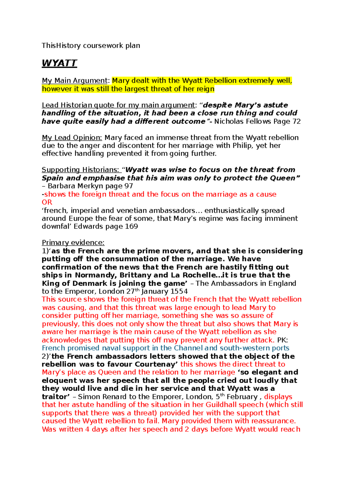 History Coursework Plan: Analyzing the Wyatt Rebellion - WYATT - Studocu