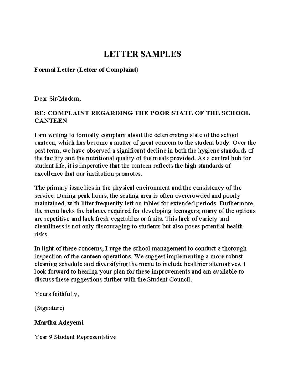 Letter Samples: Formal & Informal Letter Writing Guide for Year 9 - Studocu