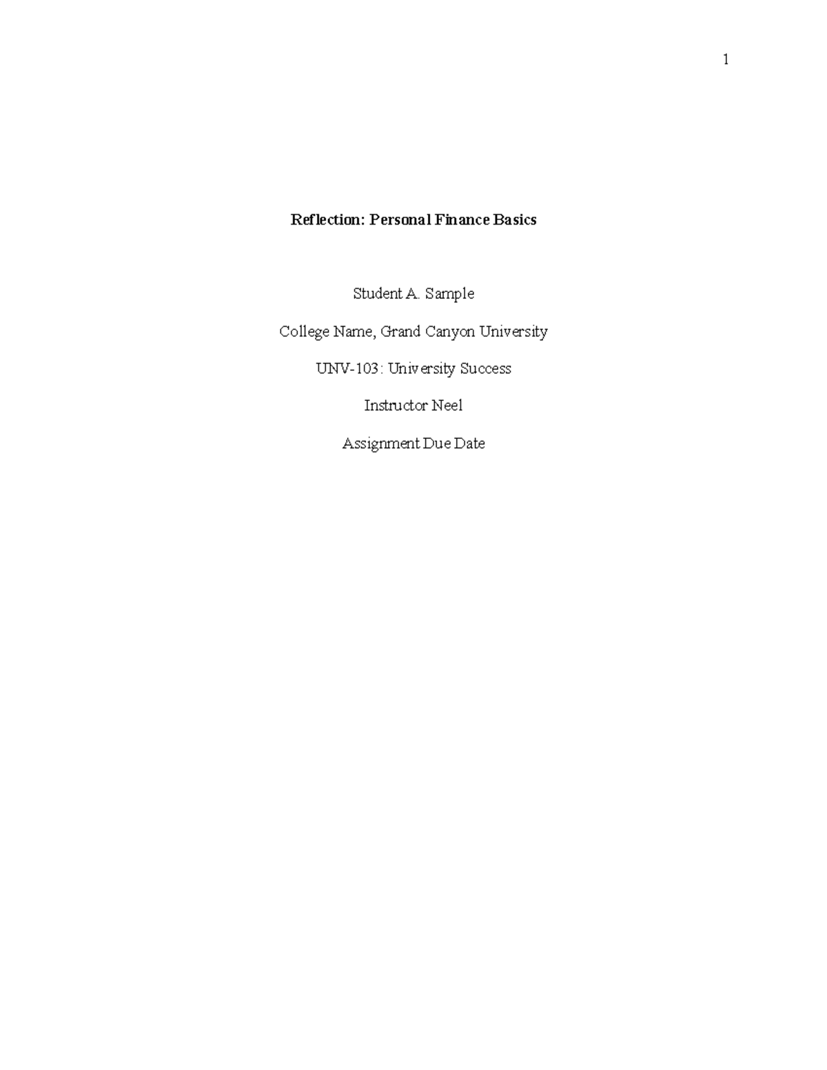 UNV-103 Reflection: Personal Finance Basics Template (APA 7) - Studocu